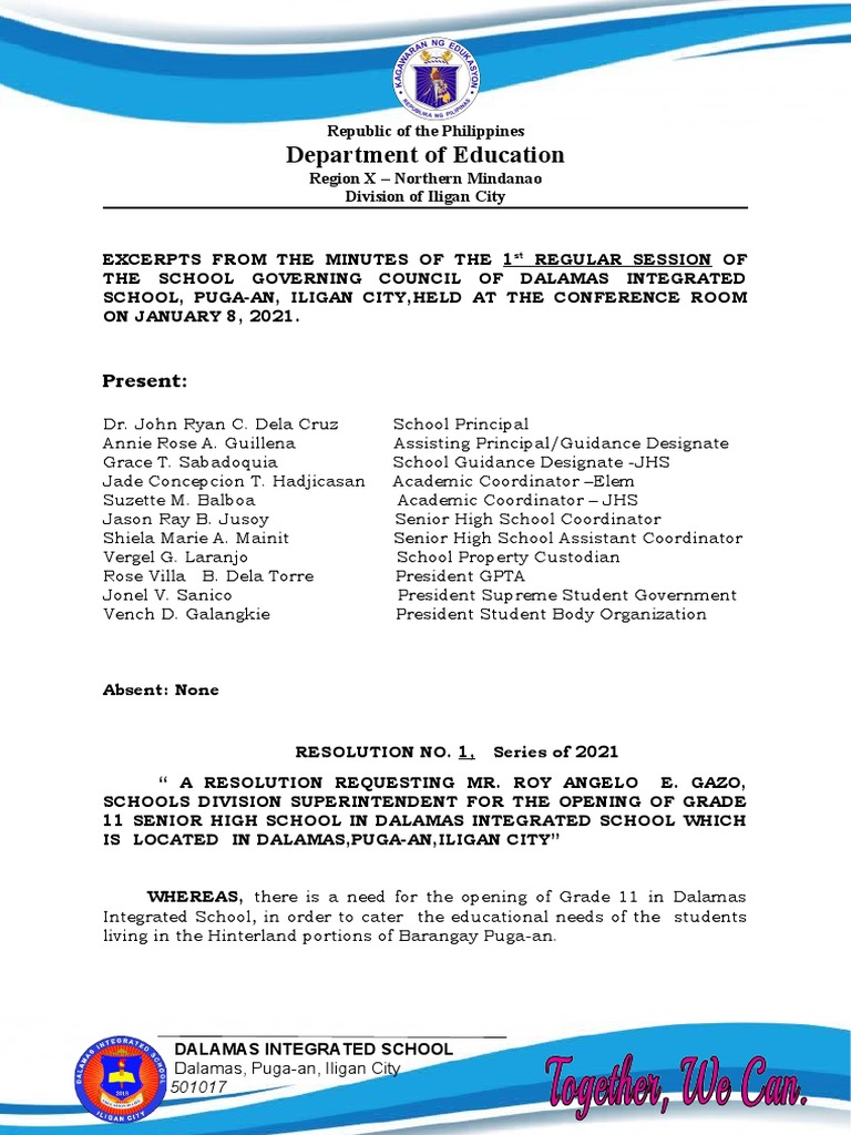 Opening of Senior High School Board Resolution | PDF