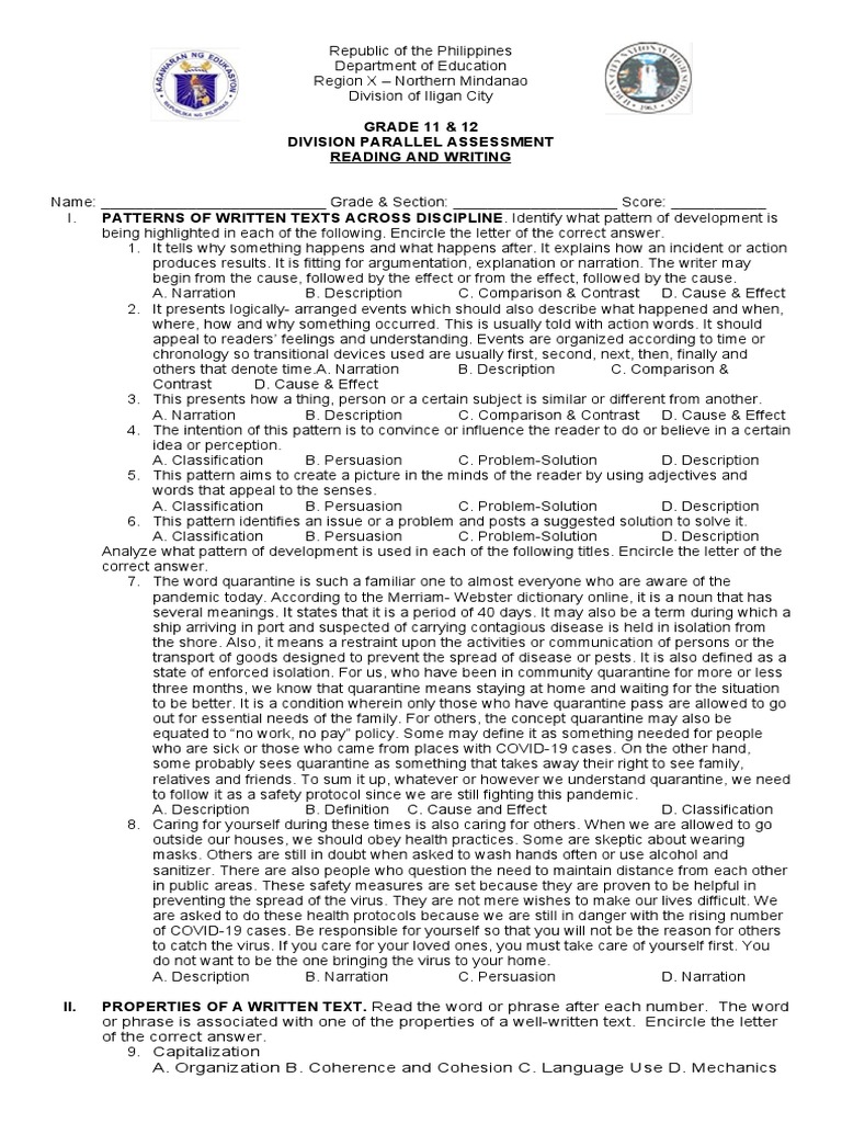 Grade 11 Reading and Writing Assessment | PDF | Résumé | Quarantine