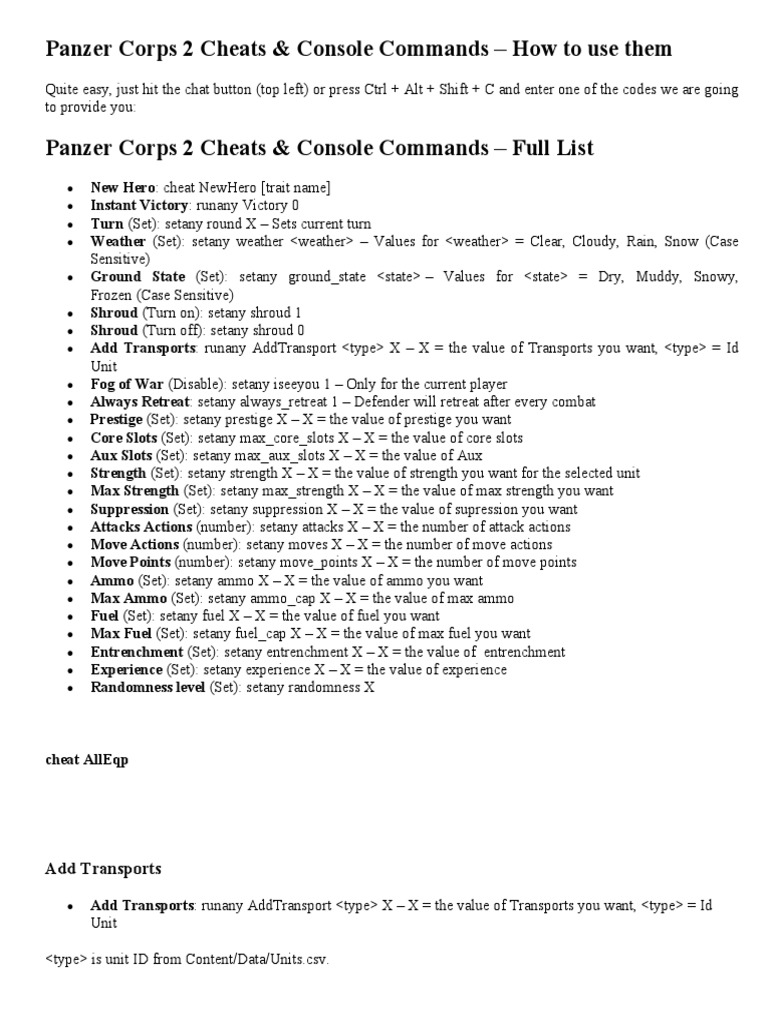 Panzer Corps 2 Cheats & Console Commands - How To Use Them | PDF ...