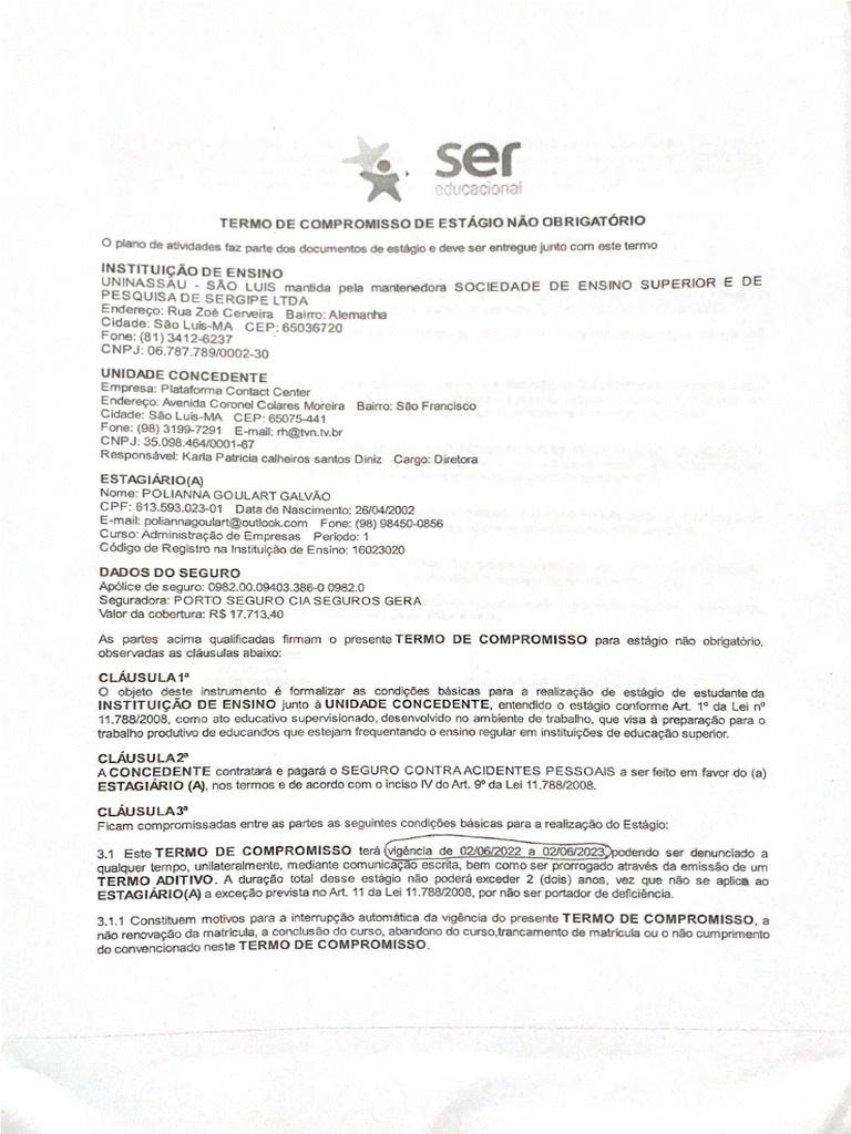 Termo de Compromisso de Estágio Não Obrigatório | PDF Termo de Compromisso de Estágio Não Obrigatório | PDF