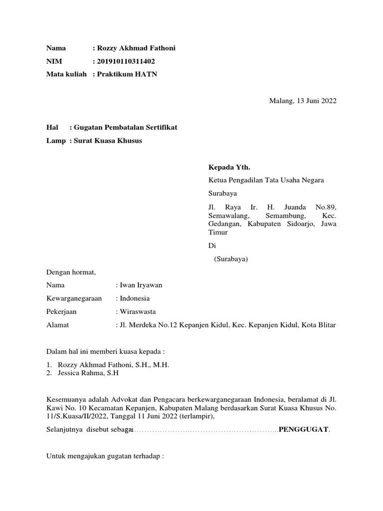 Contoh Gugatan Pembatalan Sertifikat PTUN | PDF