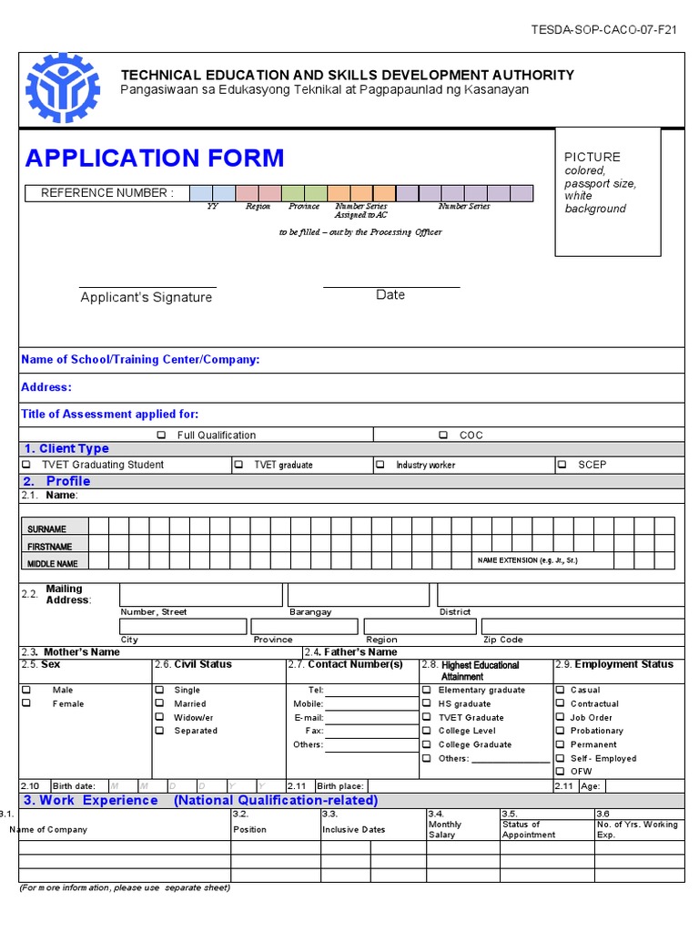 TESDA application form for competency assessment | PDF
