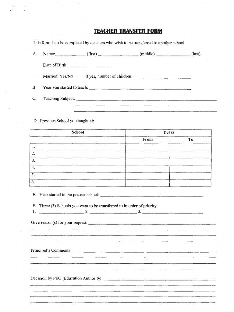Teacher Transfer Form | PDF | Teachers