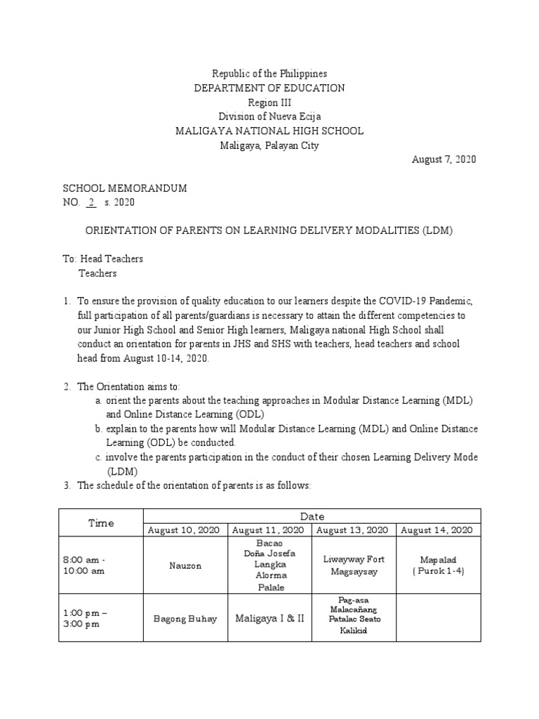 Orientation of Parents On Learning Delivery Modalities | PDF | Distance ...
