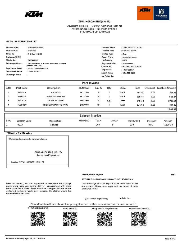 Service Invoice for Oil Filter, Air Filter, Engine Oil Replacement and ...