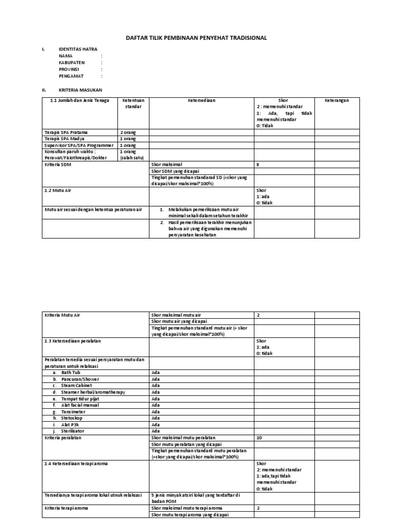 Daftar Tilik Pembinaan Penyehat Tradisional | PDF