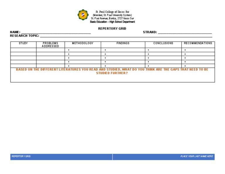 Repertory Grid Template For Systematic Review of Literature | PDF