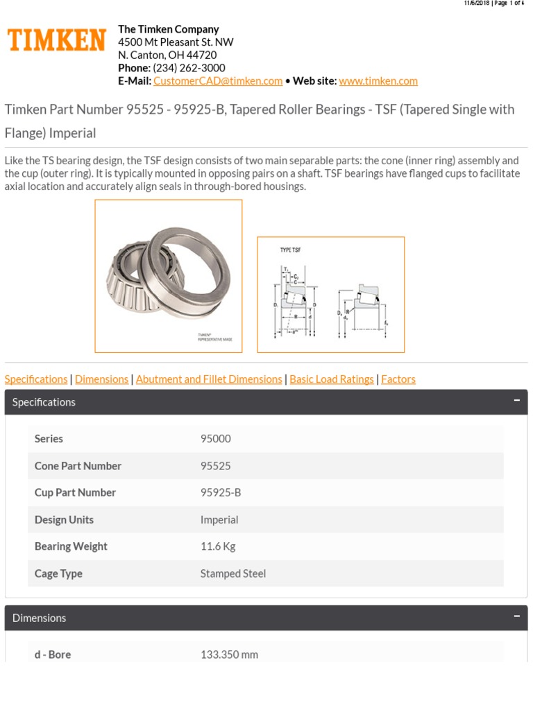 Timken Part Number 95525 - 95925-B, Tapered Roller Bearings - TSF ...