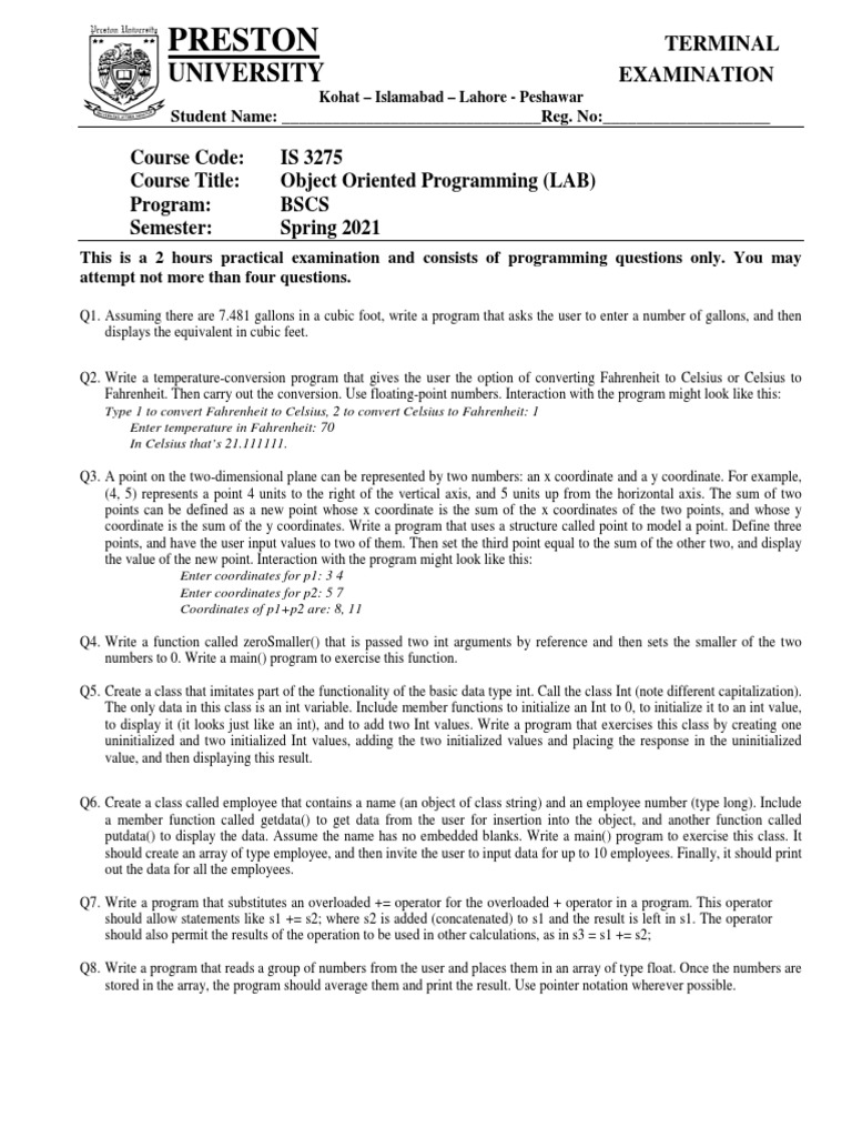 Bscs Object Oriented Programming Lab Spring 2021 Pdf Subroutine Fahrenheit