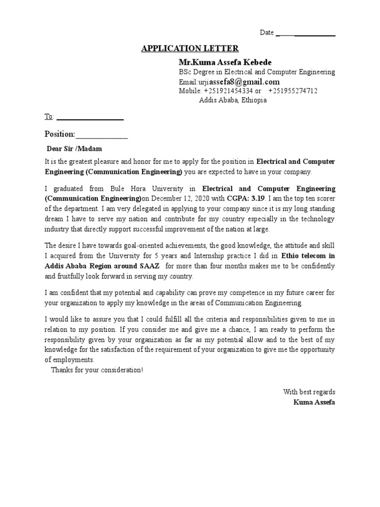 Application Letter MR - Kuma Assefa Kebede | PDF | Engineering | Cognition