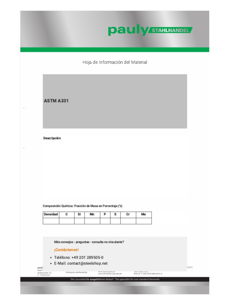Hoja de información sobre las propiedades y composición química del acero ASTM A331 | PDF
