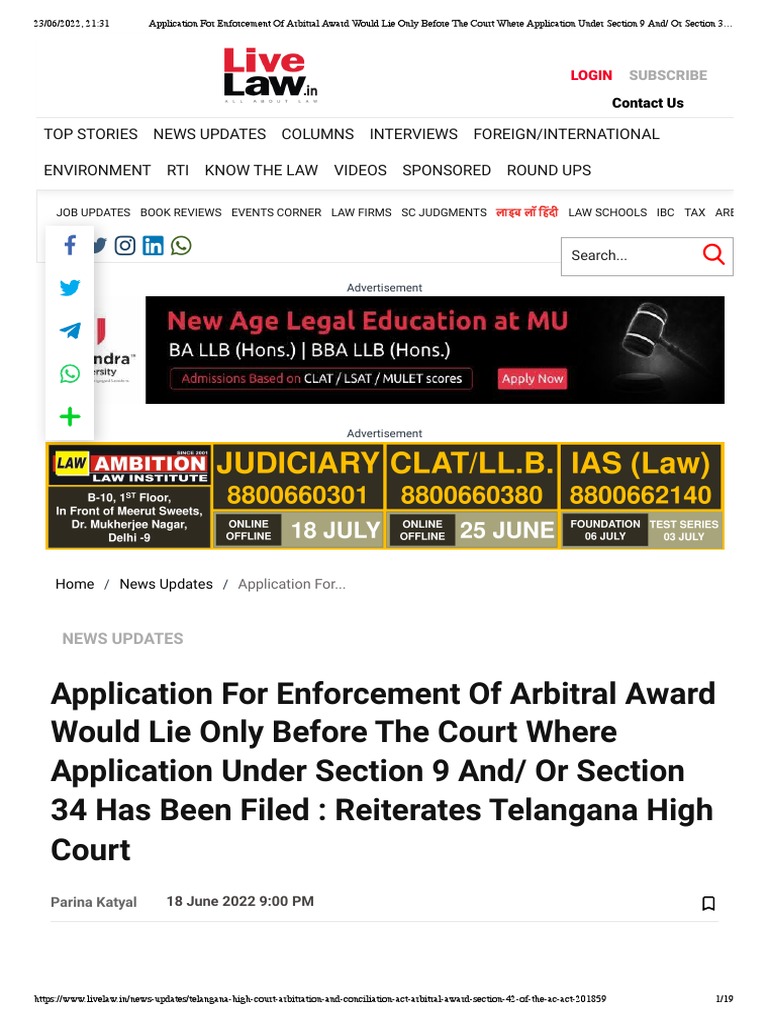 Application For Enforcement of Arbitral Award Would Lie Only Before The Court Where Application ...