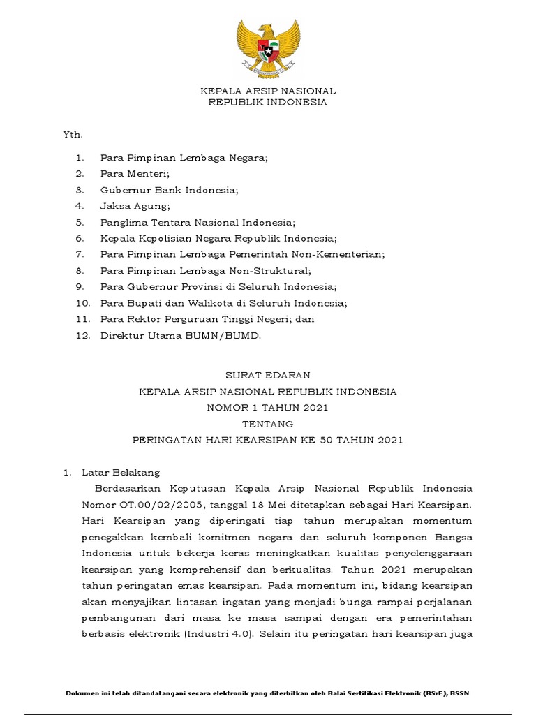 Surat Edaran Kepala Anri Tentang Peringatan Hari Kearsipan Ke50 Tahun ...