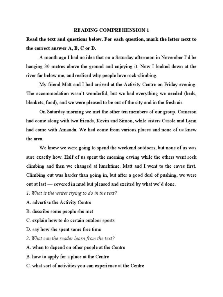 Reading Comprehension 1 Read The Text and Questions Below. For Each ...