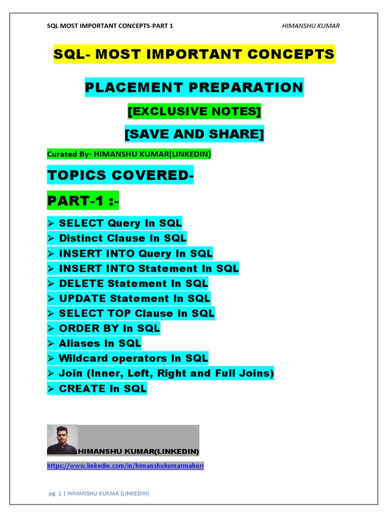Sql-Most Important Concepts Placement Preparation: (Save and Share) | PDF | Table (Database ...