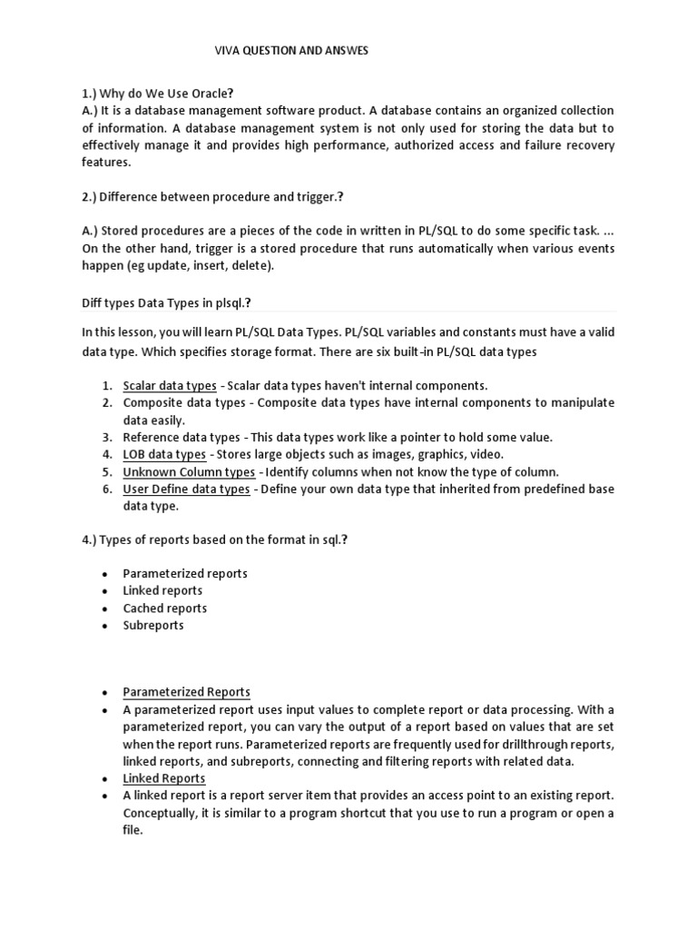 Viva Question and Answes | Download Free PDF | Pl/Sql | Databases