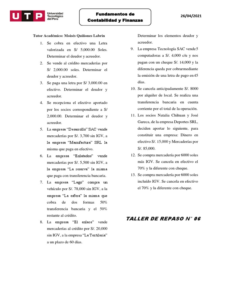 Taller de Repaso - N°06 Fundamentos de Contabilidad y Finanzas | PDF ...