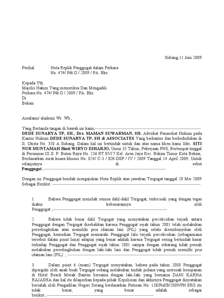 Contoh Surat Replik Perdata | PDF