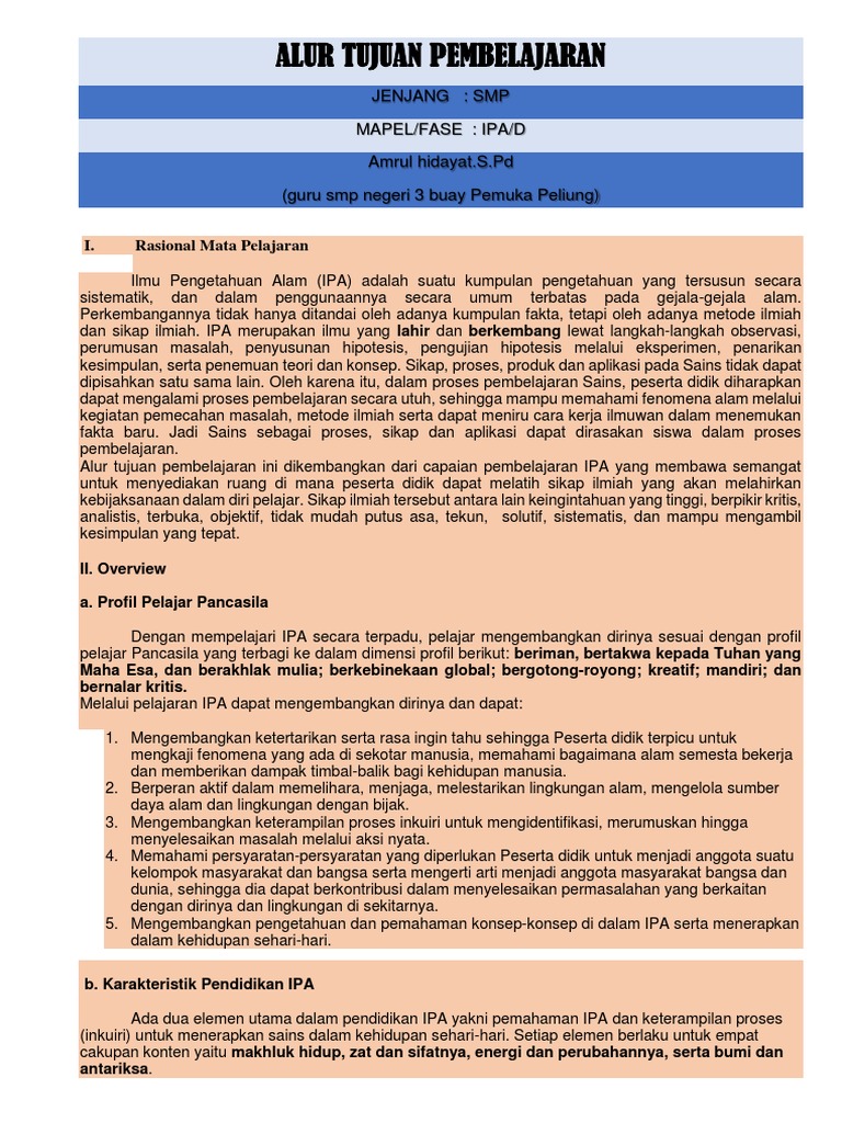 Alur Tujuan Pembelajaran 7 Ipa Fase D Amr 078 | PDF