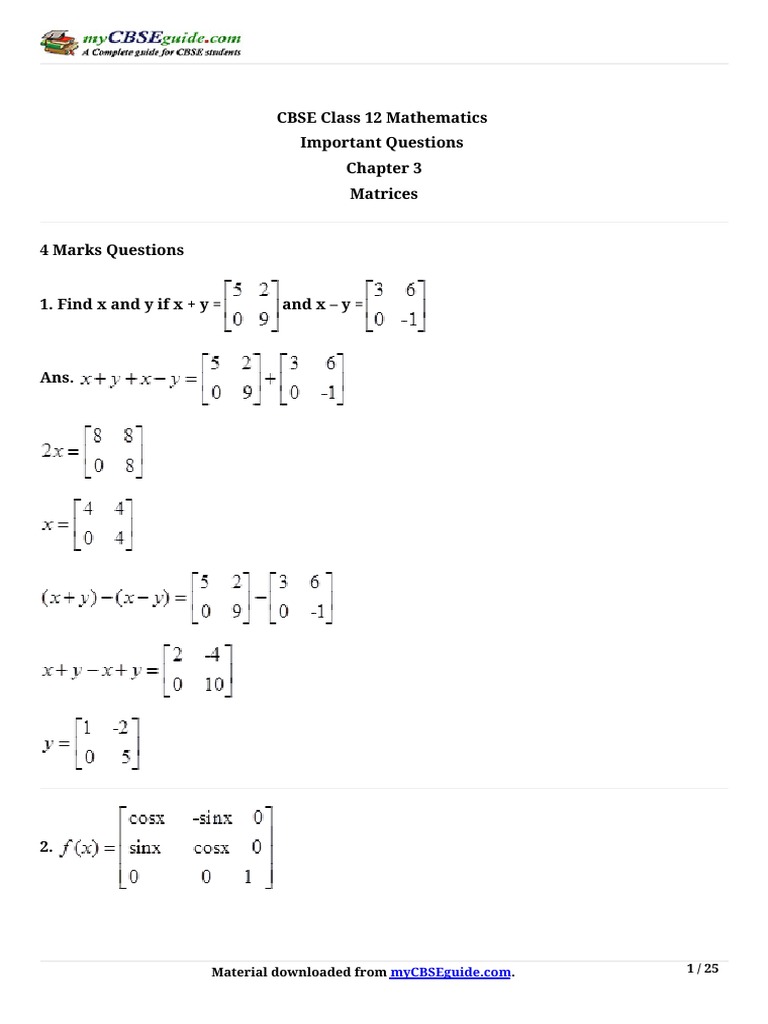 CBSE Class 12 Mathematics Important Questions Matrices: Material ...
