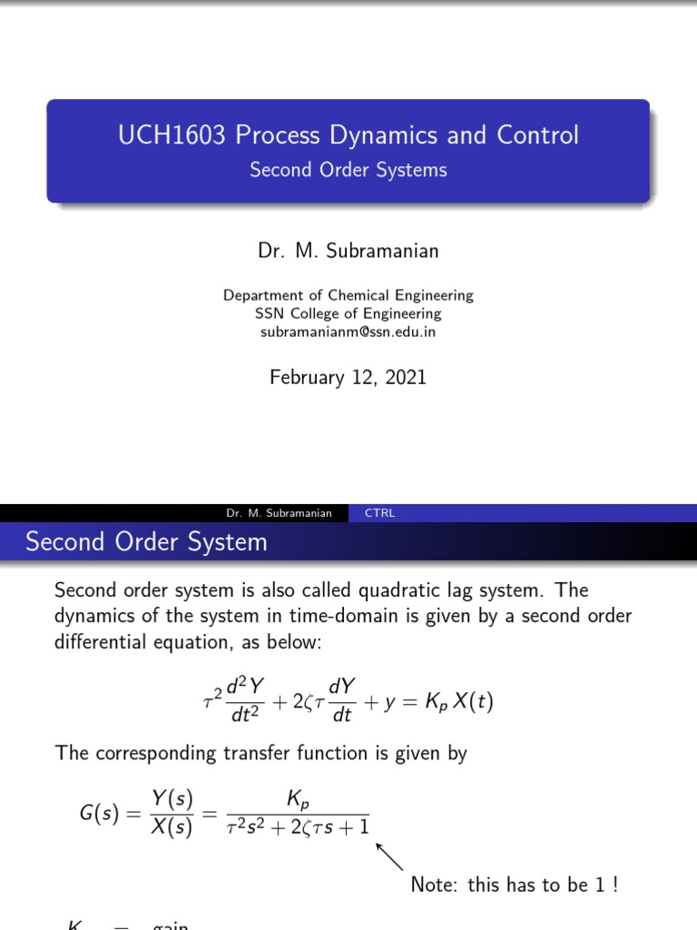 UCH1603 Process Dynamics and Control: Second Order Systems | PDF ...