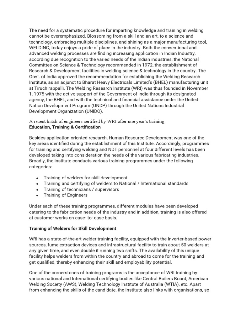 WRI Tiruchy India and Welding Training | PDF | Nondestructive Testing ...