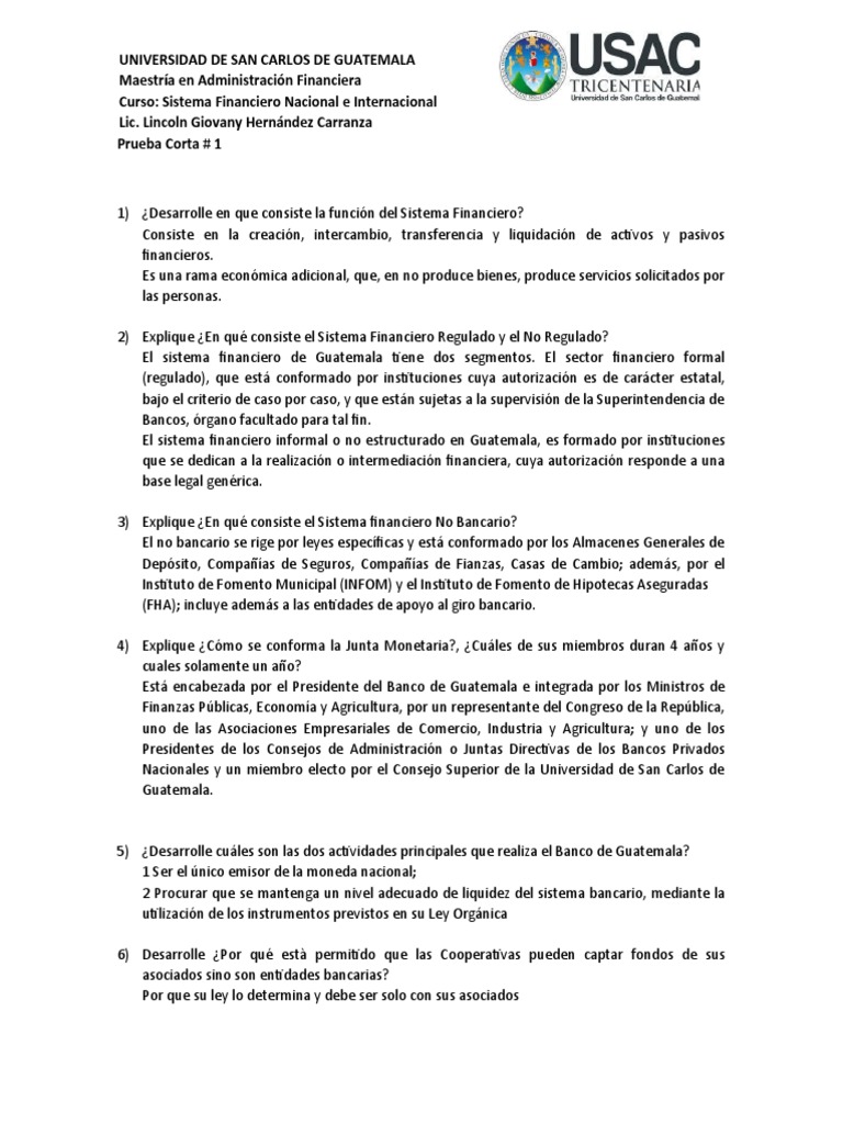 Prueba Corta # 1 Sistema Financiero | PDF | Bancos | Sistema financiero