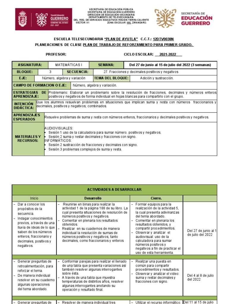 Plan De Reforzamiento 2022 Pdf Sustracción Entero