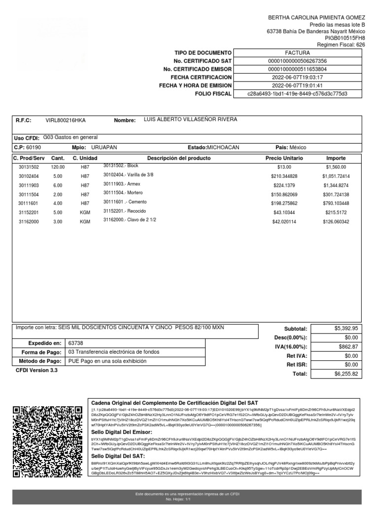 Este Documento Es Una Representación Impresa de Un CFDI No. Hojas: 1/1 ...