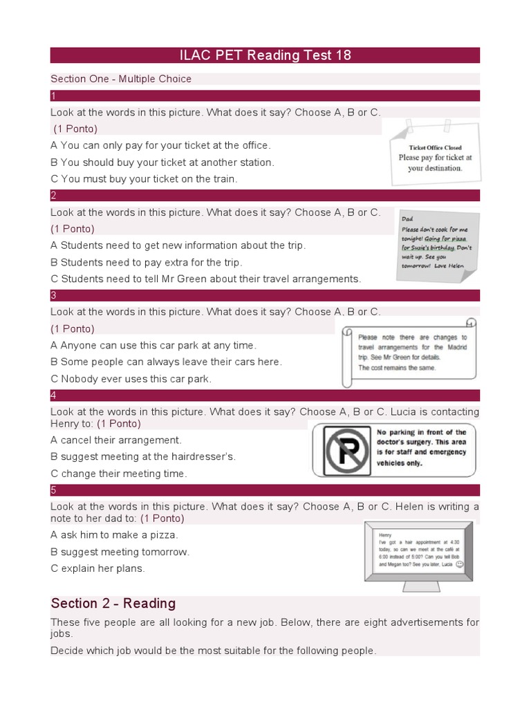 ILAC PET Reading Test 18 Overview | PDF