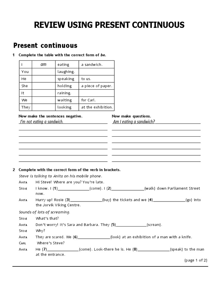 Present Continuous Sentence Review | PDF