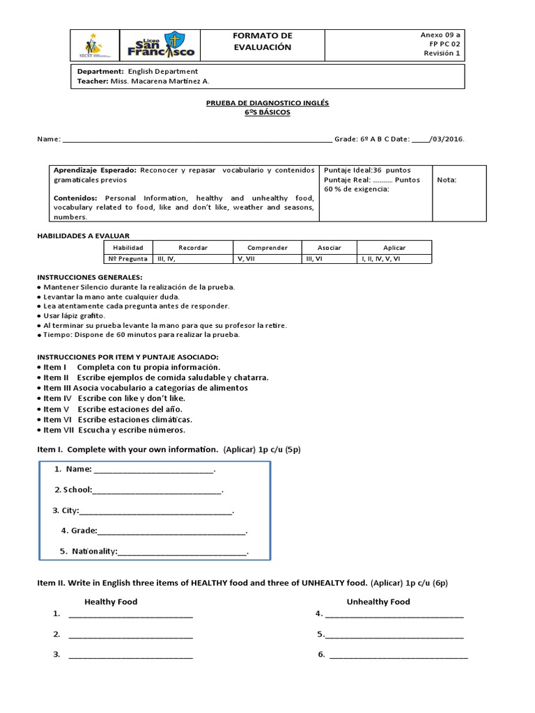 Prueba de Diagnostico 6tos | PDF