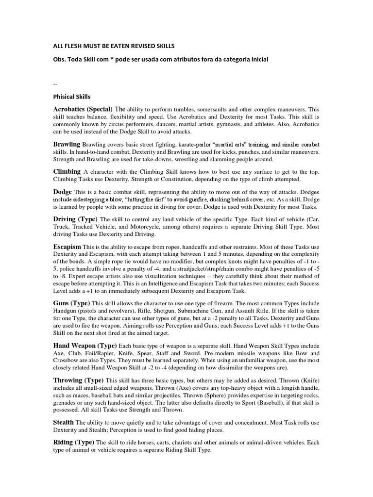 All Flesh Must Be Eaten Skills | PDF | Firearms | Teachers