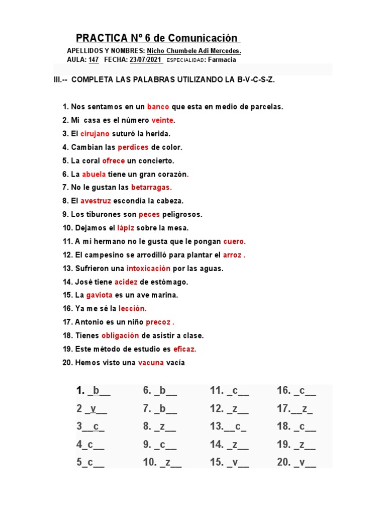 Practica de Ortografia B, V C, S, Z | PDF