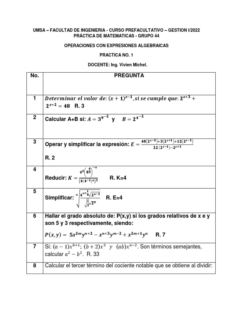 Practica 1 Operaciones Con Expresiones Algebraicas | PDF ...