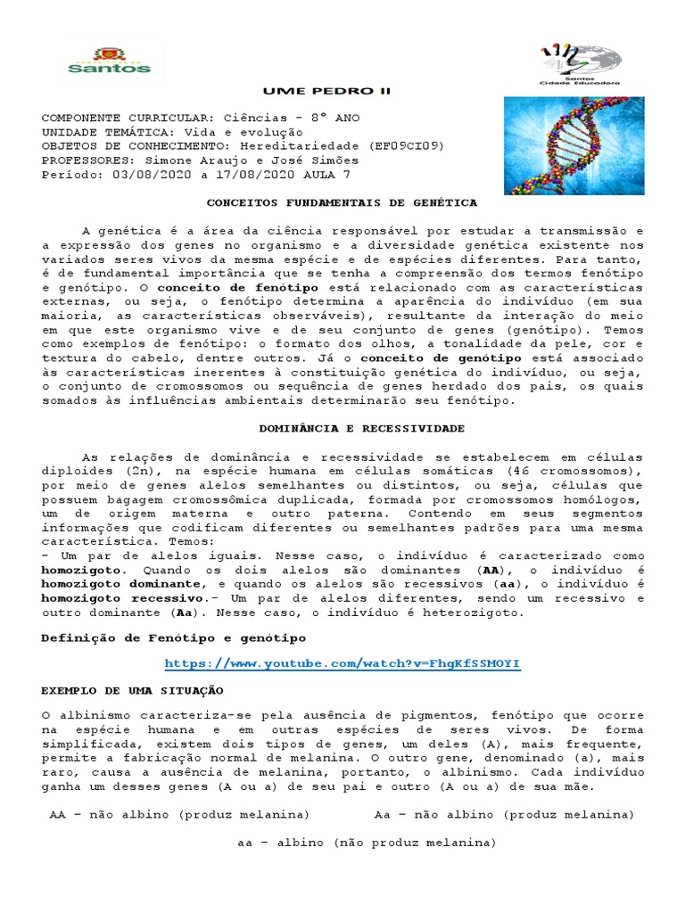 Ciencias Atividades 7 Manha - 9o Ano Aula7 | PDF | Dominância (genética) | Genótipo