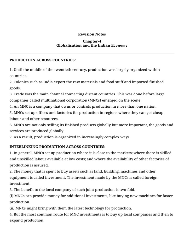 Revision Notes Chapter-4 Globalisation and The Indian Economy | PDF ...