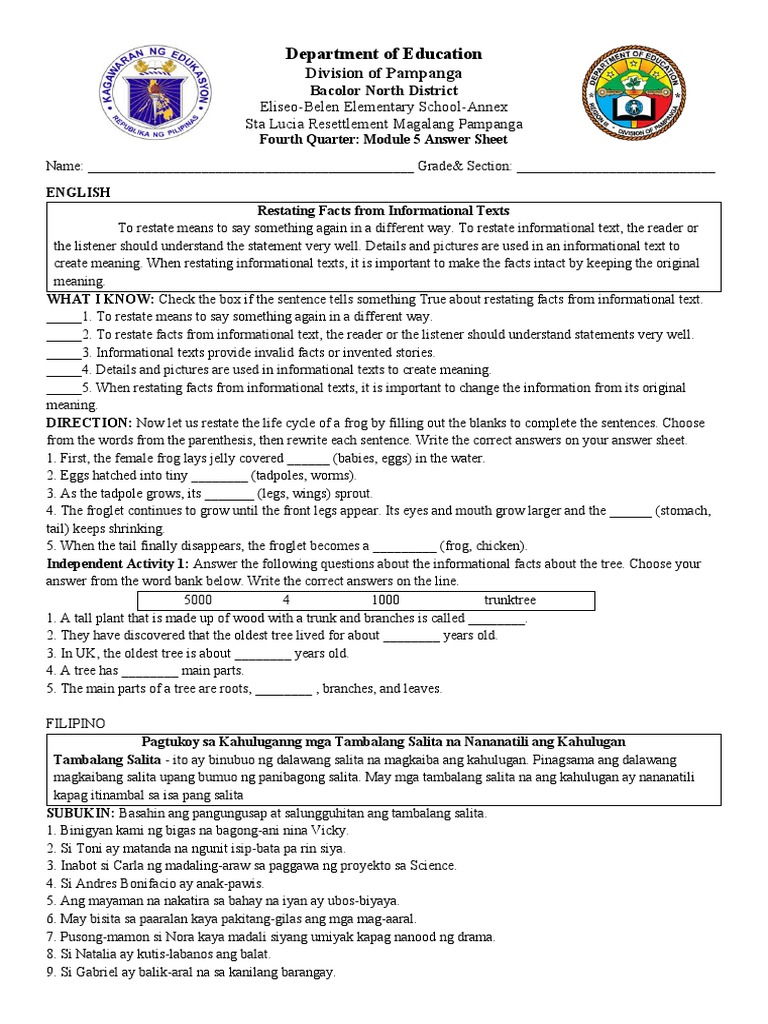 module-5-answer-sheet-4th-qtr | PDF | Frog | Weather