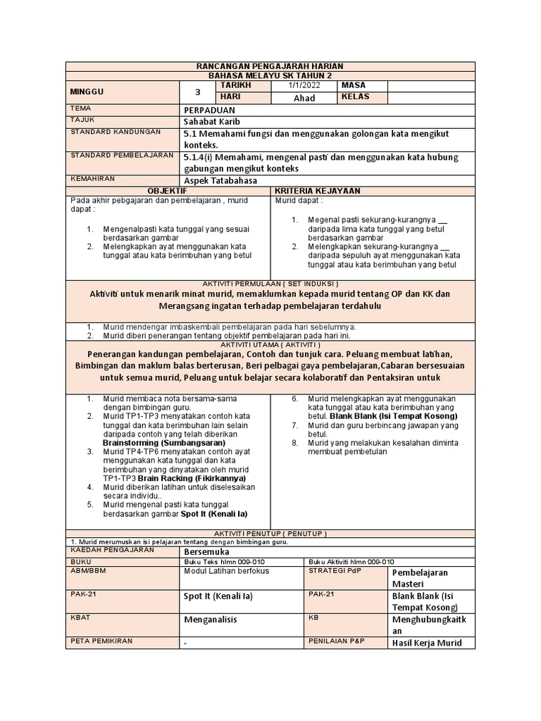 RPH BM Tahun 2 Minggu 3 Penggal Ke3 by Cikgu Gorgeous | PDF