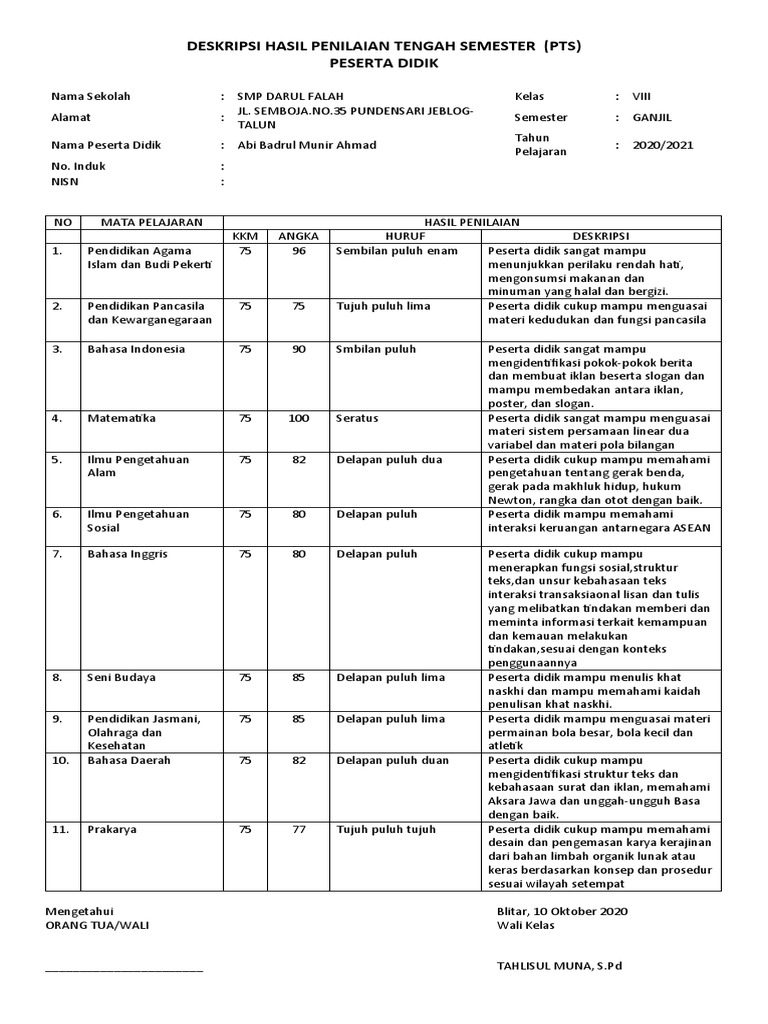 Deskripsi Hasil Penilaian Tengah Semester-1 | PDF