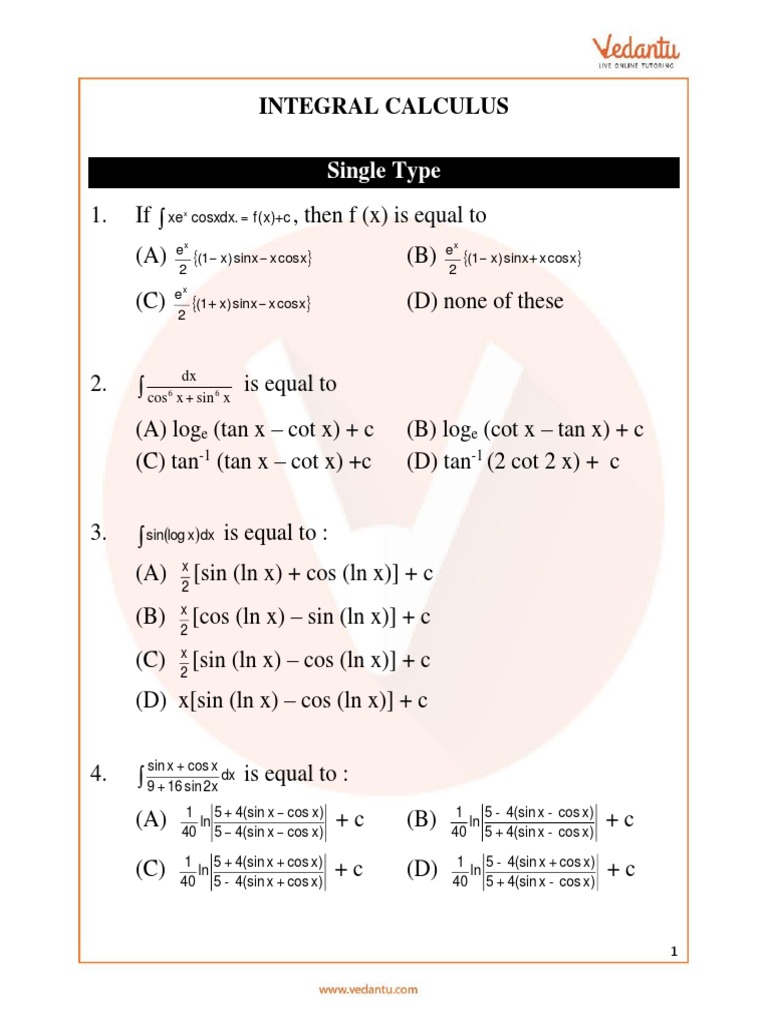 JEE Main Integral Calculus Important Questions | PDF | Trigonometric ...