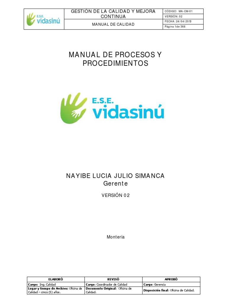 Manual de Procesos y Procedimientos E.S.E. Vidasinú | PDF | Calidad ...