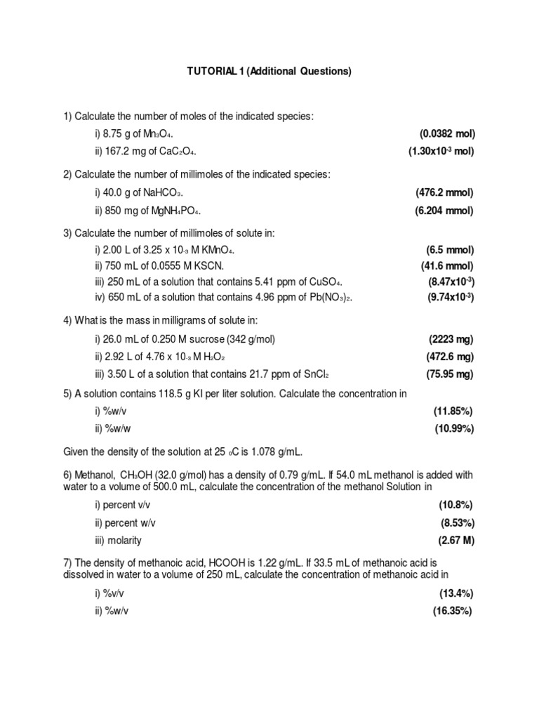 TUTORIAL 1 (Additional Questions) | PDF | Mass Concentration (Chemistry ...