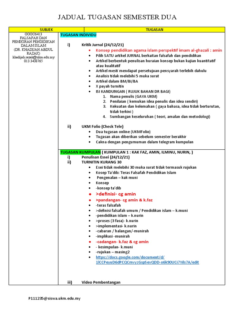 Jadual Tugasan Pertemuan 1 | PDF