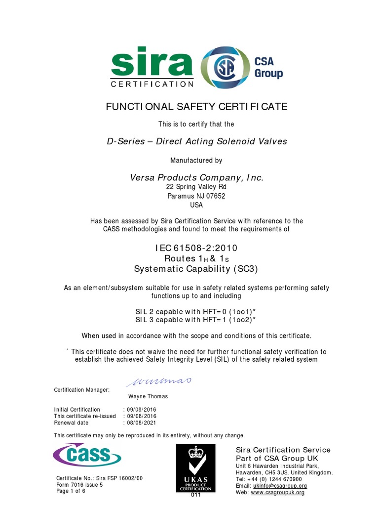 Sira Certification for D-Series Solenoid Valves | PDF | Safety