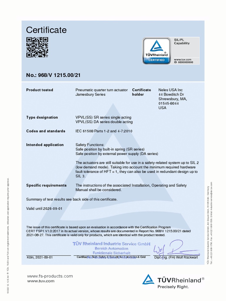 TUV Rheinland Certificate No 968-V1215.00-21 (Neles - Jamesbury Series ...