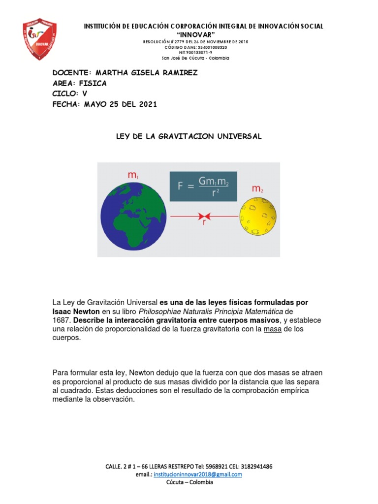 Taller de Ley de La Gravitacion Universal Fisica Ciclo V | PDF ...