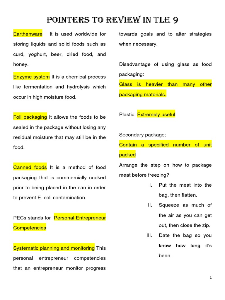 4th Pointers To Review in Tle 9 | PDF | Foods | Entrepreneurship