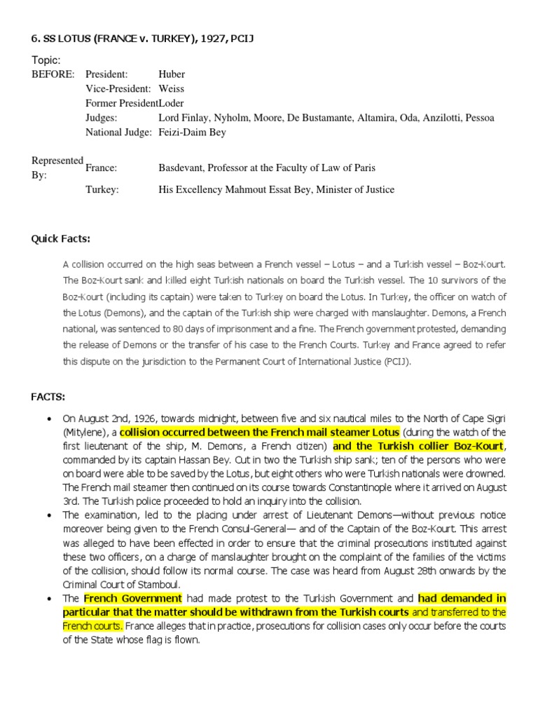 SS Lotus Case (France Vs Turkey) | PDF | International Law | Jurisdiction