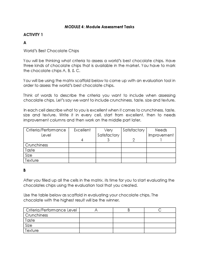 Assessing Chocolate Chips and Creating Evaluation Rubrics | PDF ...